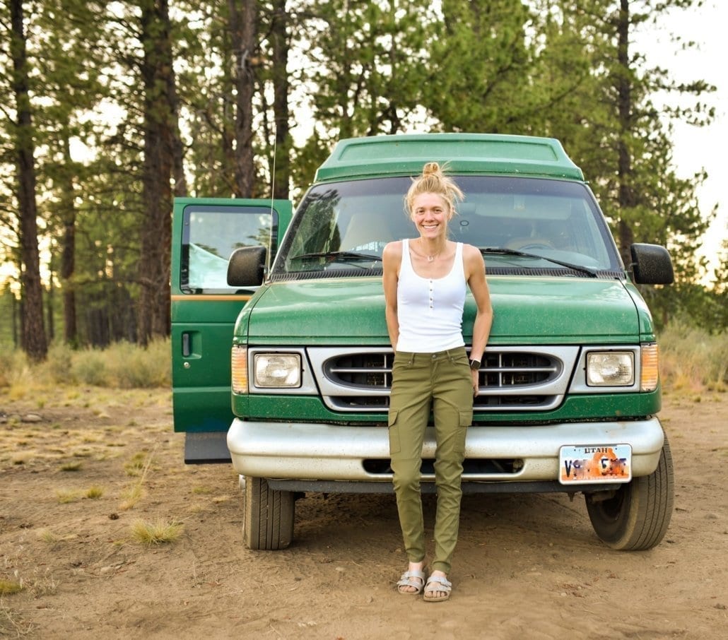 Ford Econoline 250 - once a hotel shuttle bus, now home for a brave woman